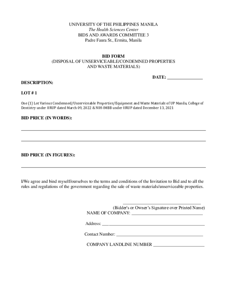 Fillable Online bidsandawards upm edu PUBLIC BIDDING (NOTICE OF SALE) DISPOSAL OF ... Fax Email ...
