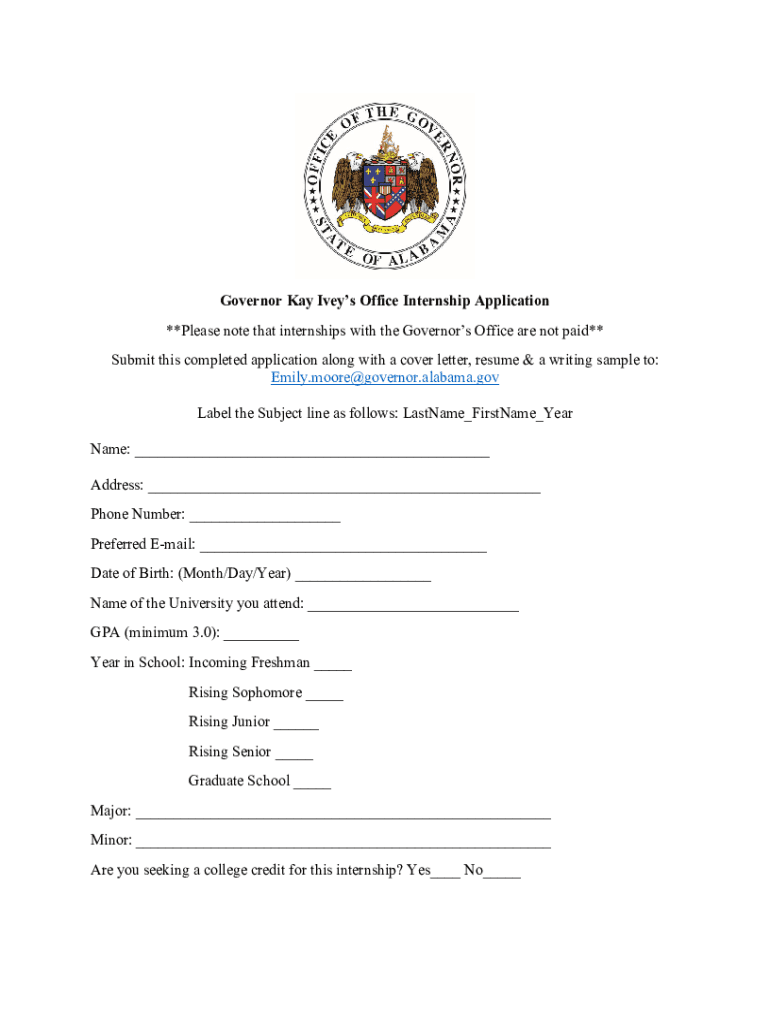 Fillable Online Governor Kay Iveys Office Internship Application Fax ...