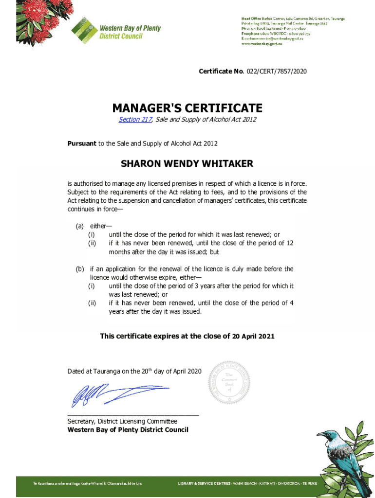 Fillable Online MANAGER'S CERTIFICATE Fax Email Print - pdfFiller