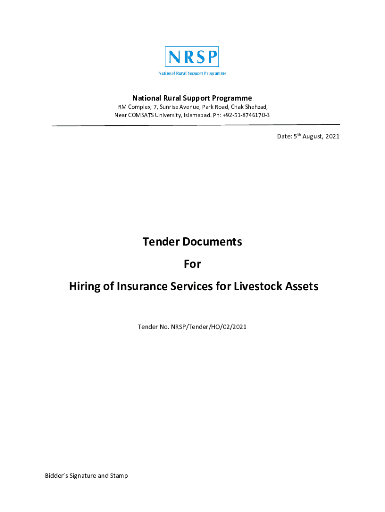 Fillable Online nrsp org Tender document for hiring of insurance services for livestock ... Fax ...