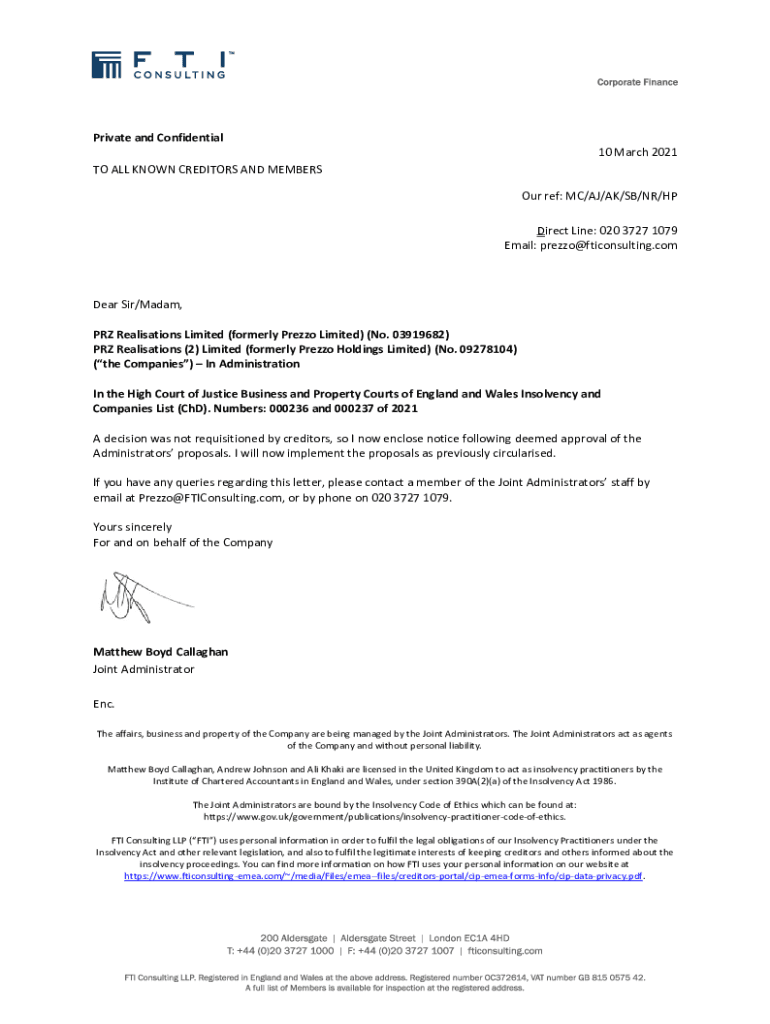 Fillable Online Dear Sir/Madam, PRZ Realisations Limited (formerly Prezzo ... Fax Email Print ...