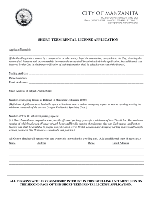 Fillable Online ci manzanita or SHORT TERM RENTAL LICENSE APPLICATION ...