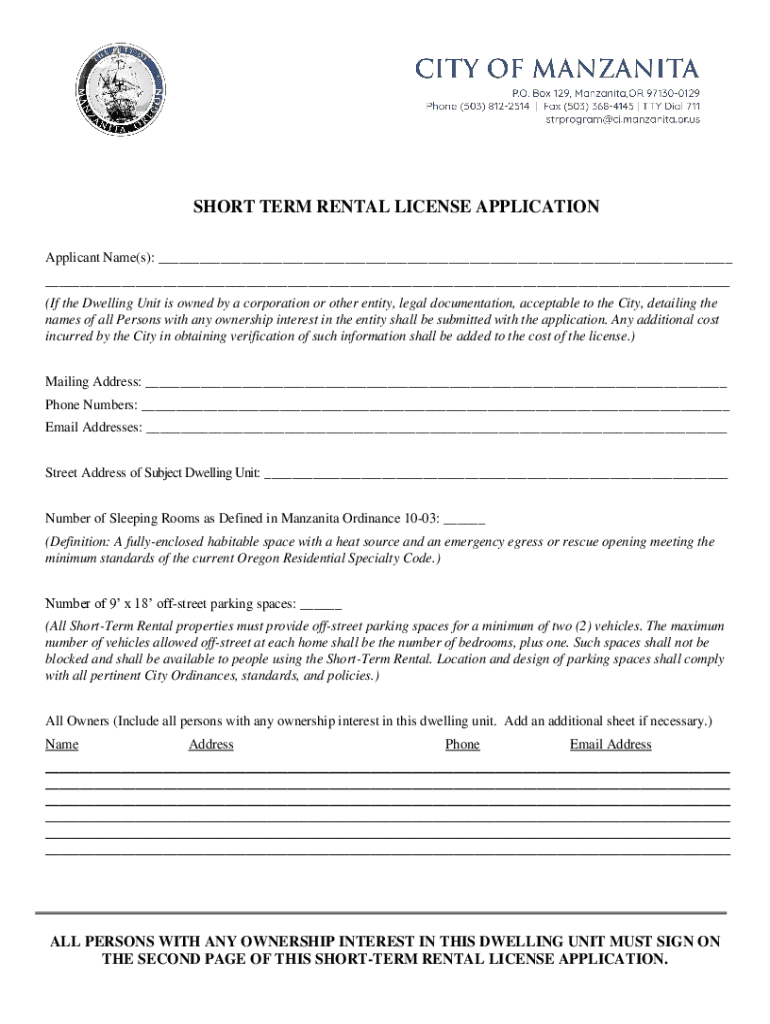 Fillable Online ci manzanita or SHORT TERM RENTAL LICENSE APPLICATION ...