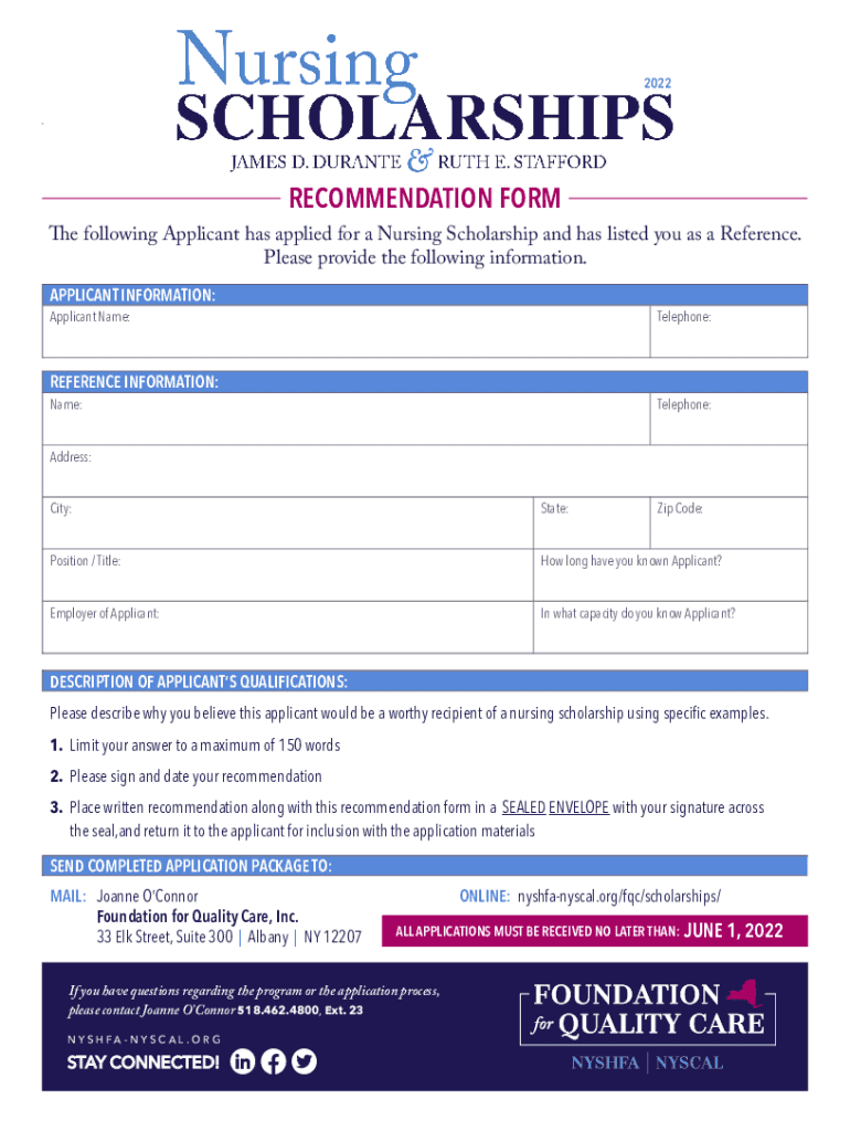 Fillable Online 2022 NURSE RECOMMENDATION FORM Fax Email Print - pdfFiller