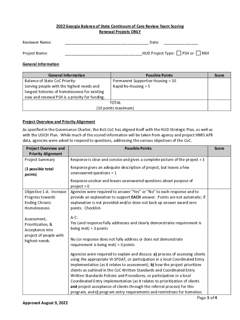Fillable Online 2022 BoS CoC Renewal Review Team Scoring Form Fax Email ...