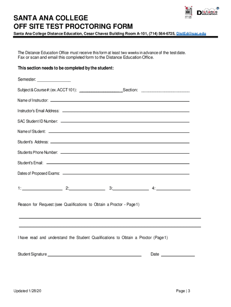 Fillable Online DE Offsite Proctoring Form - Santa Ana College Fax Email Print - pdfFiller