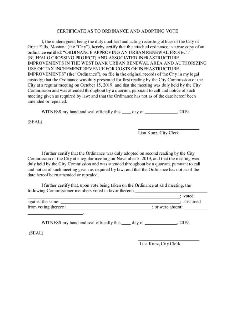 Fillable Online Great Falls, Montana (the City), hereby certify that ...