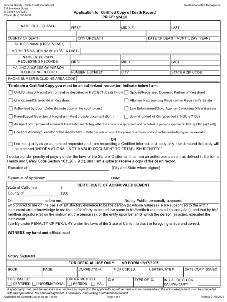 Fillable Online Application for Certified Copy of Death Record PRICE Fax Email Print - pdfFiller
