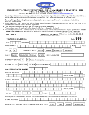 Fillable Online enrolment application formdiploma grade r teaching ...