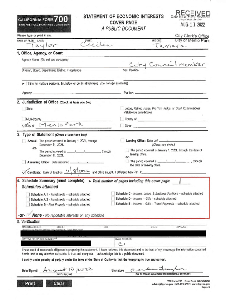 Fillable Online Form 700 - FPPC Statements of Economic Interests Fax ...