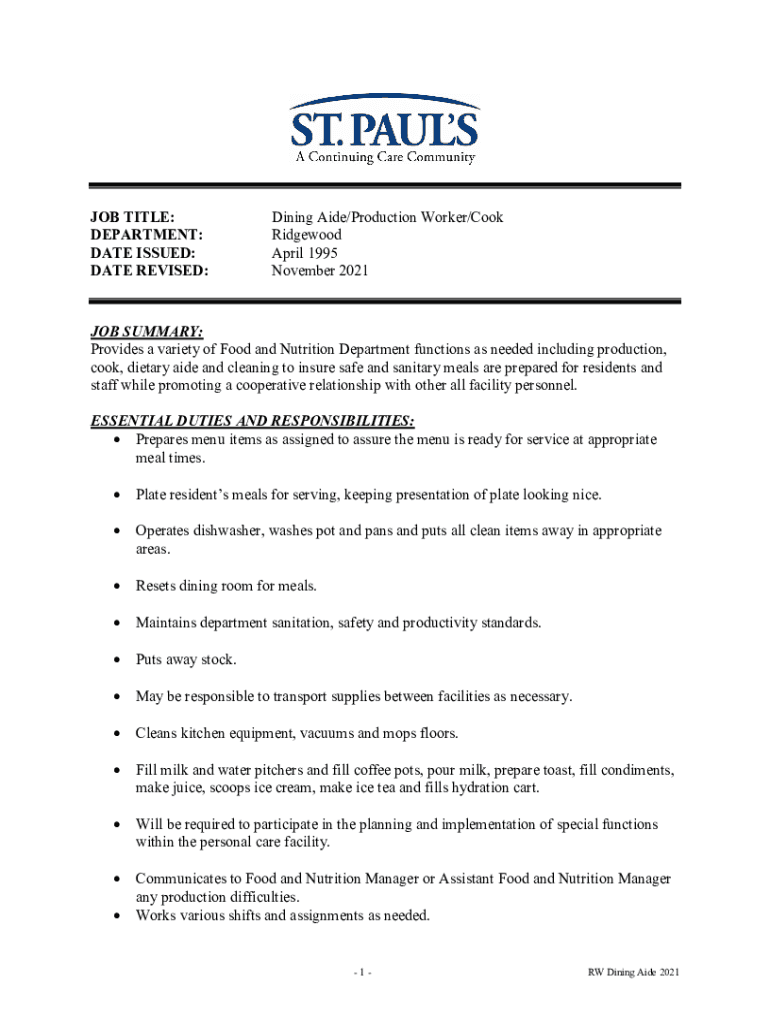 Fillable Online JOB TITLE: Dining Aide/Production Worker/Cook ...
