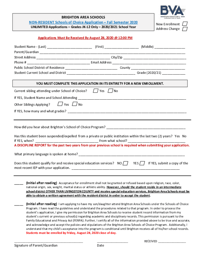 Fillable Online Enrollment / Change of Address - Brighton Area Schools Fax Email Print - pdfFiller