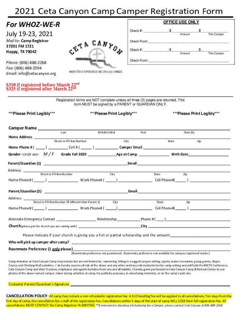 Fillable Online 2021 Ceta Canyon Camp Camper Registration Form Fax ...