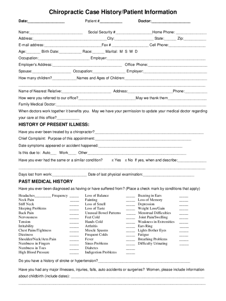 Fillable Online Chiropractic Case History / Patient Information Date ...
