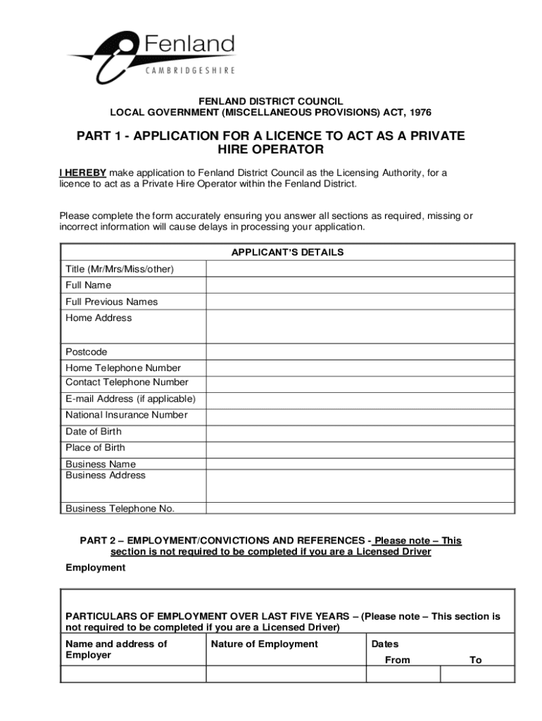 Fillable Online part 1 - application for a licence to act as a private hire operator Fax Email ...