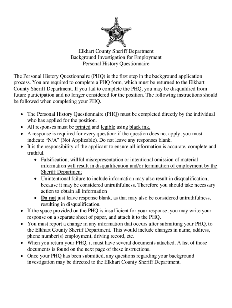 Fillable Online Personal History Questionnaire - Elkhart County Sheriff ...