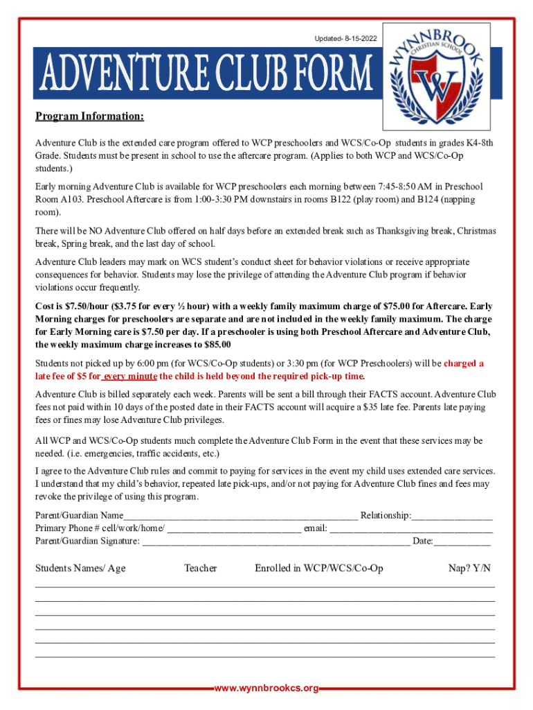 Fillable Online Adventure Club Form - Wynnbrook Christian School Fax ...