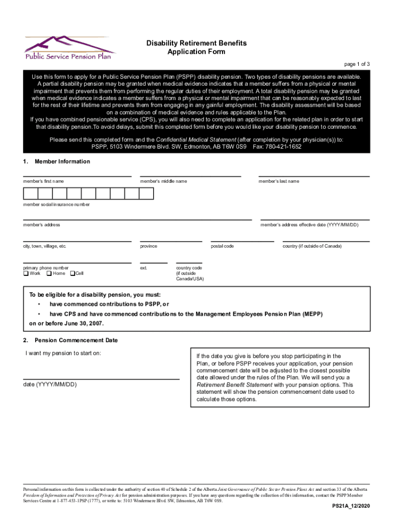 Fillable Online pspp apsc Disability Retirement Benefits Application ...