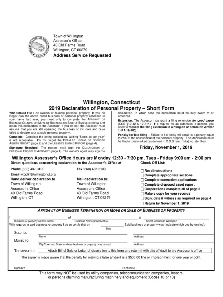 Fillable Online Declaration of Personal Property NoticeWillington CT ...