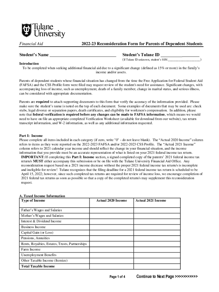 Fillable Online financialaid tulane Financial Aid 2022-23 Reconsideration Form for Parents of ...