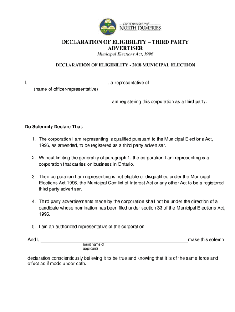 Fillable Online DECLARATION OF ELIGIBILITYTHIRD PARTY ADVERTISER Fax Email Print - pdfFiller