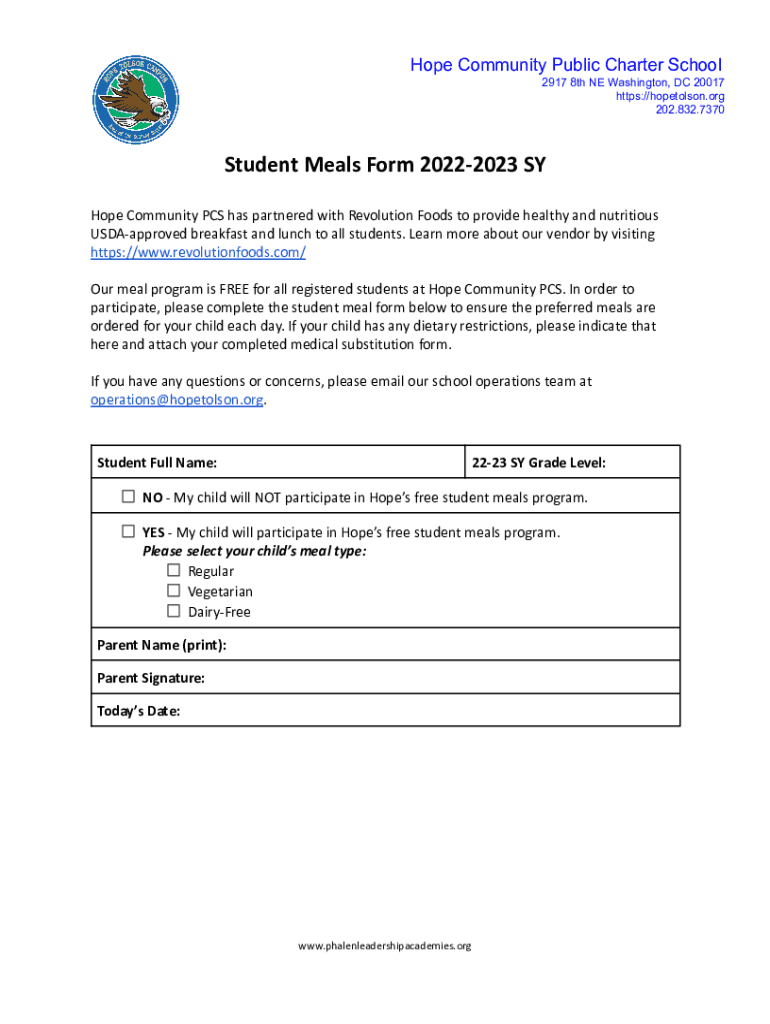 Fillable Online Student Meals Form Fax Email Print - pdfFiller