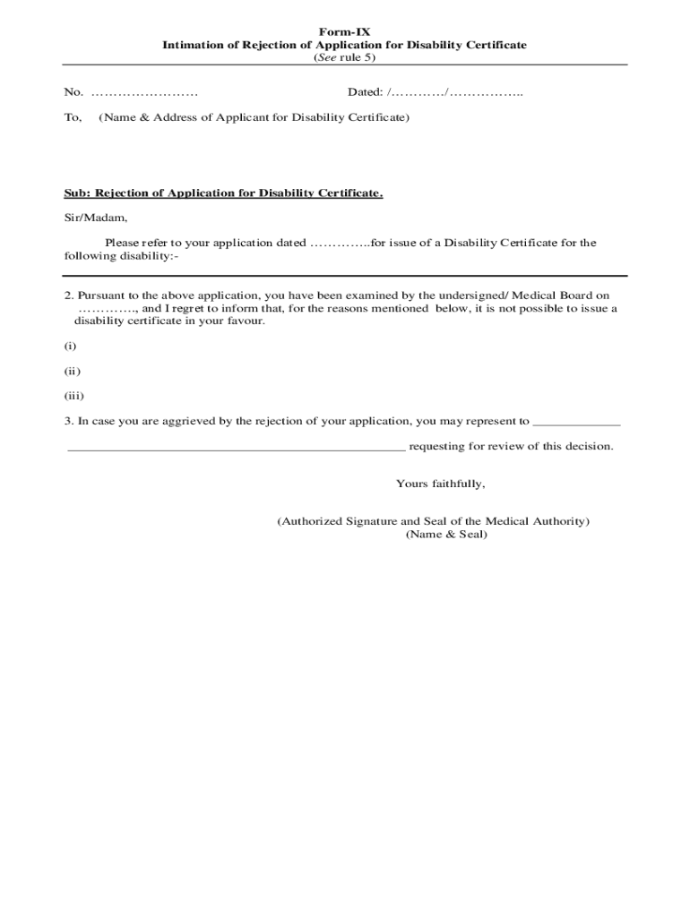 Fillable Online Form-IX Intimation of Rejection of Application for ...