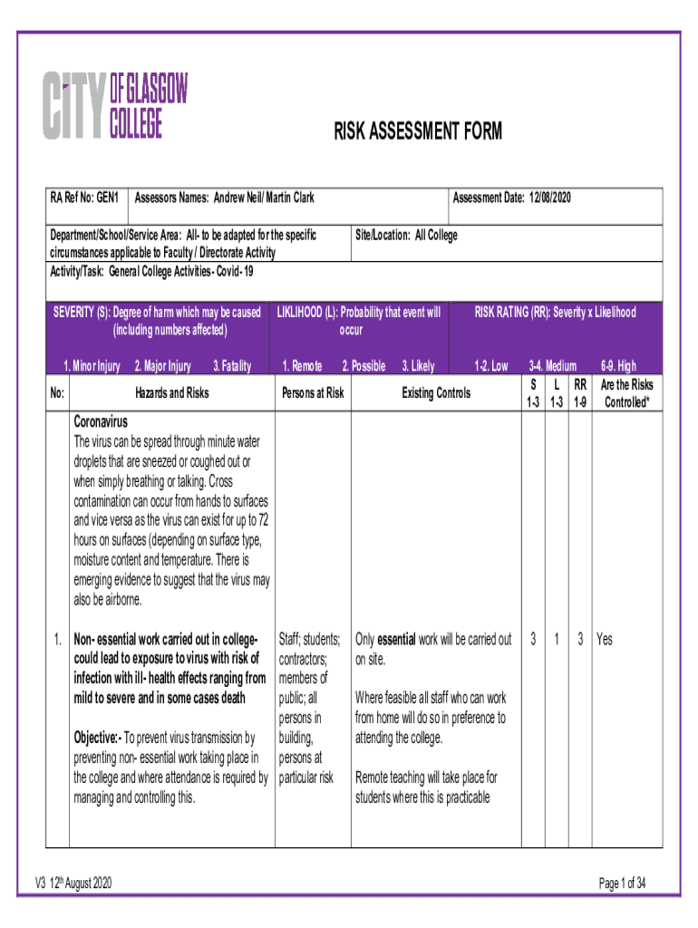 Fillable Online Risk Assessment Form - City of Glasgow College Fax ...