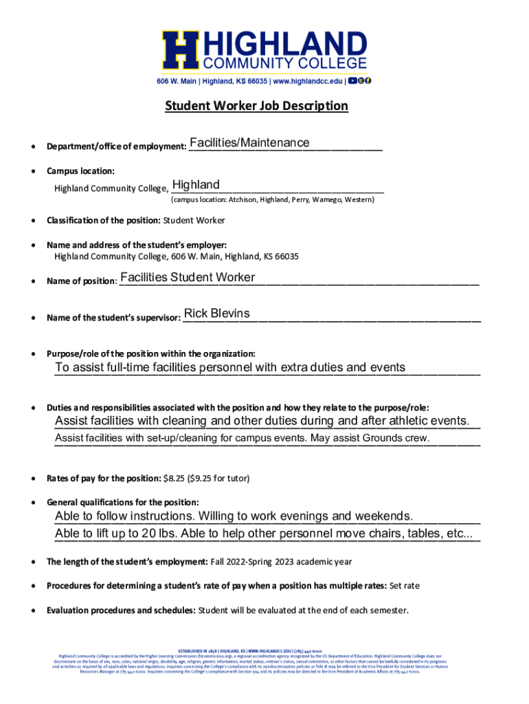 Fillable Online Student Worker Job DescriptionHighland Community ...