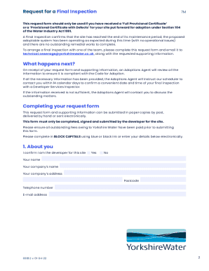 Fillable Online Yorkshire Water Request for a Final Inspection Fax ...