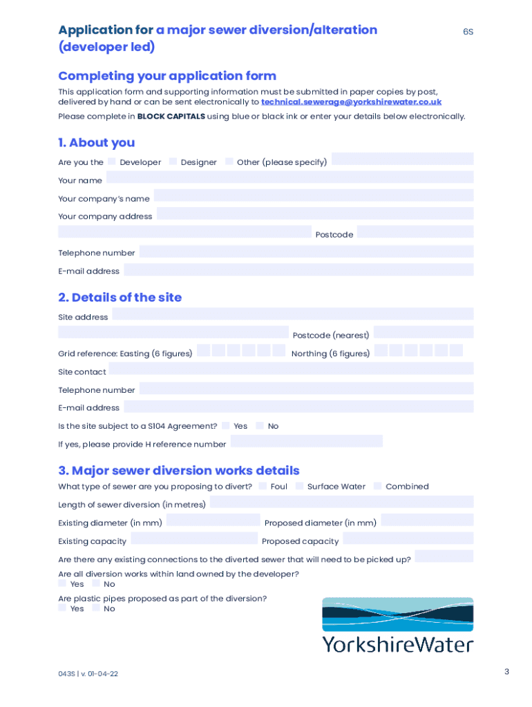 Fillable Online Application for a major sewer diversion/ alteration (developer ... Fax Email ...