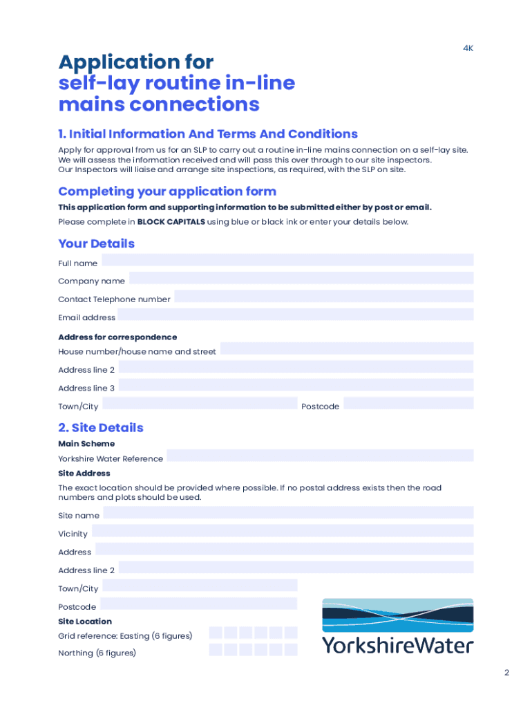 Fillable Online Yorkshire Water Application for a self-lay route in ...
