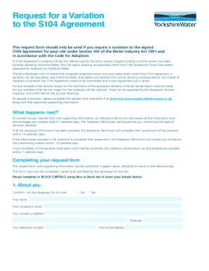 Fillable Online Yorkshire Water Request for a Variation to the S104 ...
