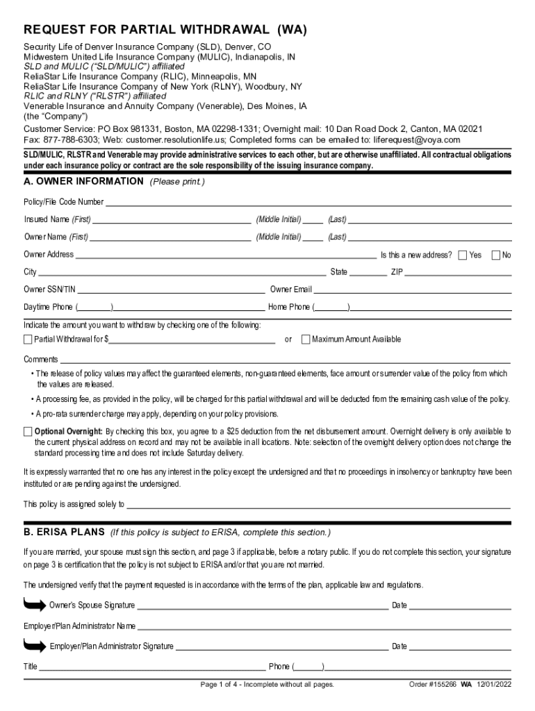 Fillable Online Request for Partial Withdrawal (KY) - Life Company ...