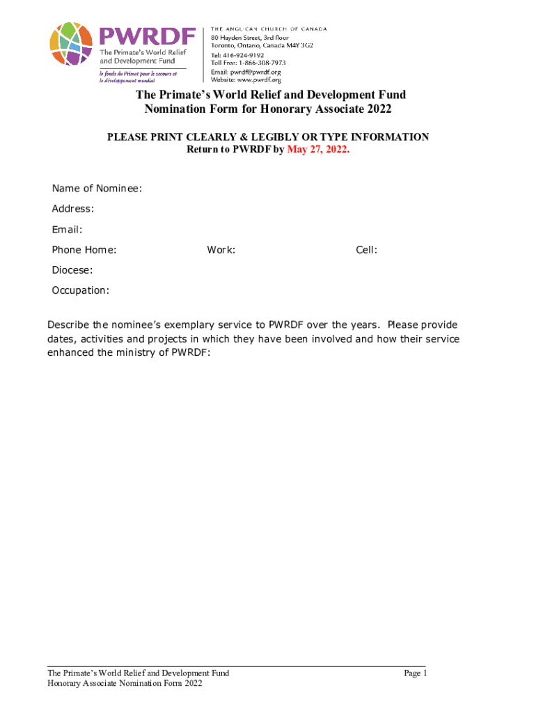 Fillable Online PWRDF nomination form Fax Email Print - pdfFiller