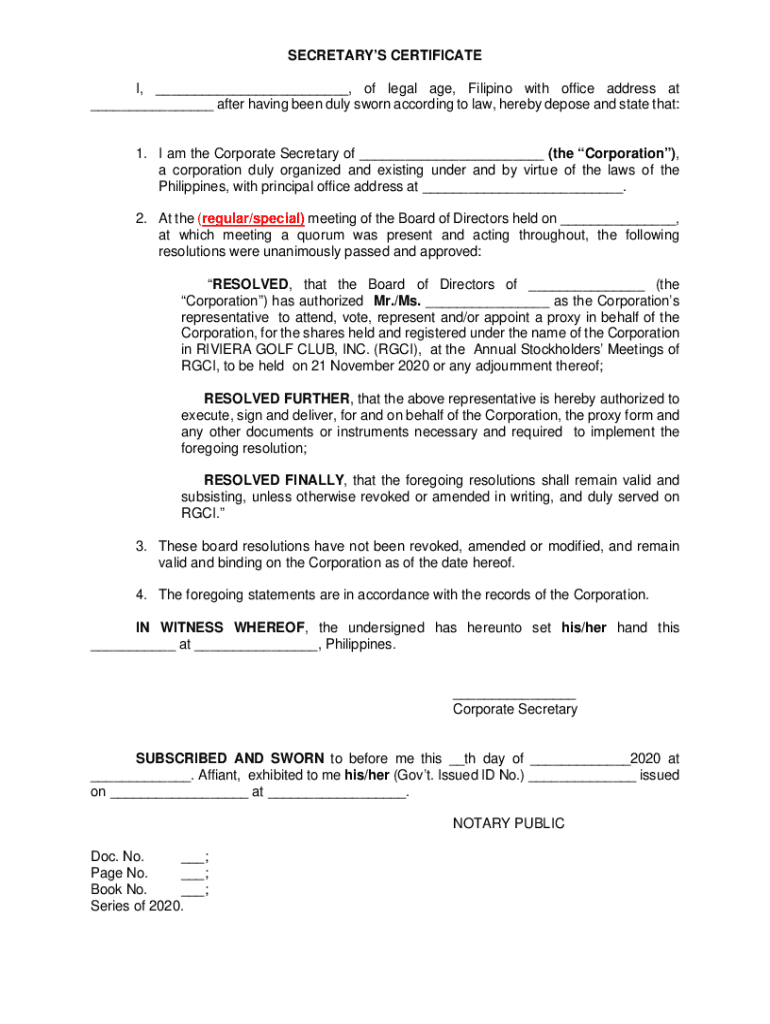 Fillable Online Secretary's Certificate - BSP Fax Email Print - pdfFiller