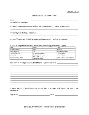 Fillable Online Code No. 102.E6 DISPOSITION OF COMPLAINT FORM Date Fax ...
