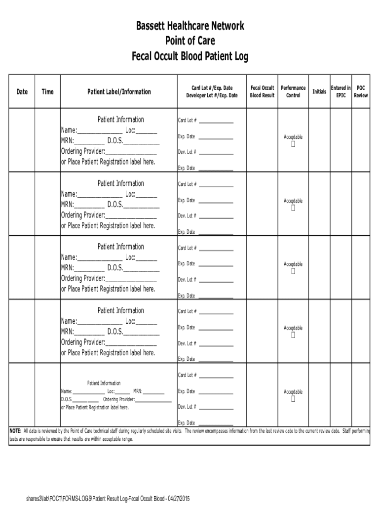 Fillable Online "Laboratory Test, Performed": "Fecal Occult Blood Test ...