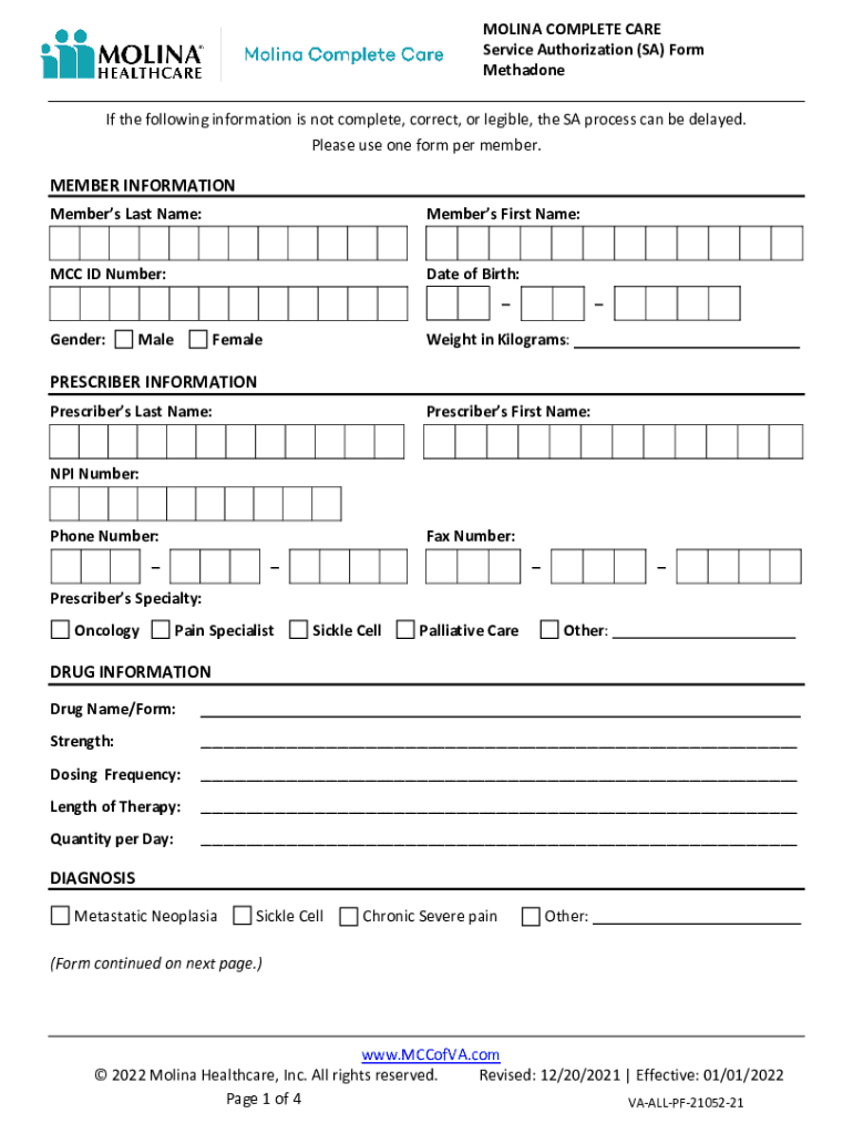 Fillable Online MOLINA COMPLETE CARE Service Authorization (SA) Form ...