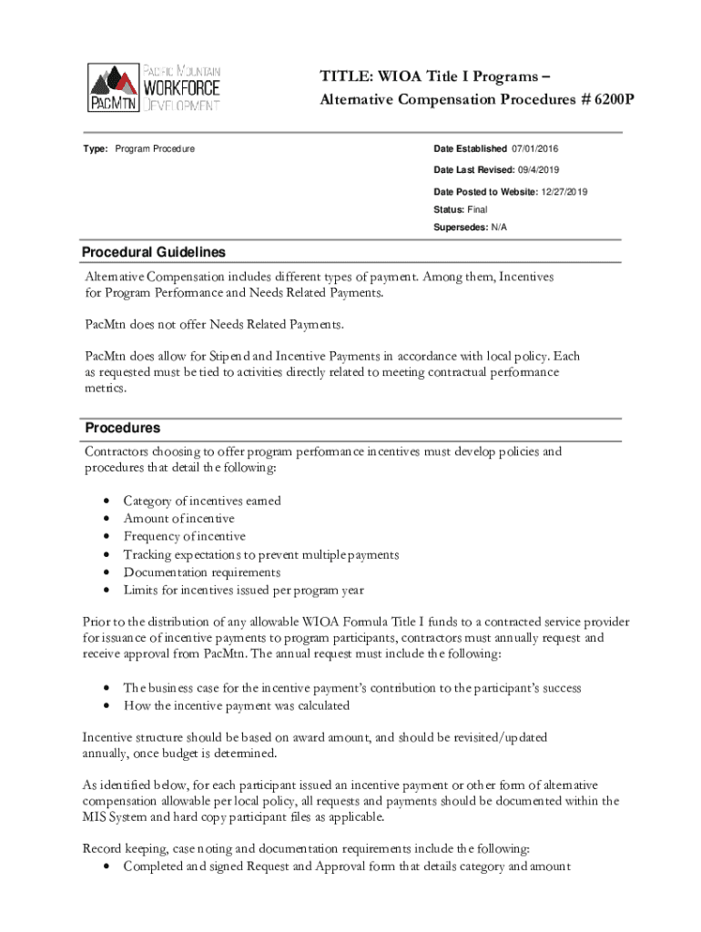 Fillable Online Pay for Performance (PFP) Guidance for WIOA title I ...