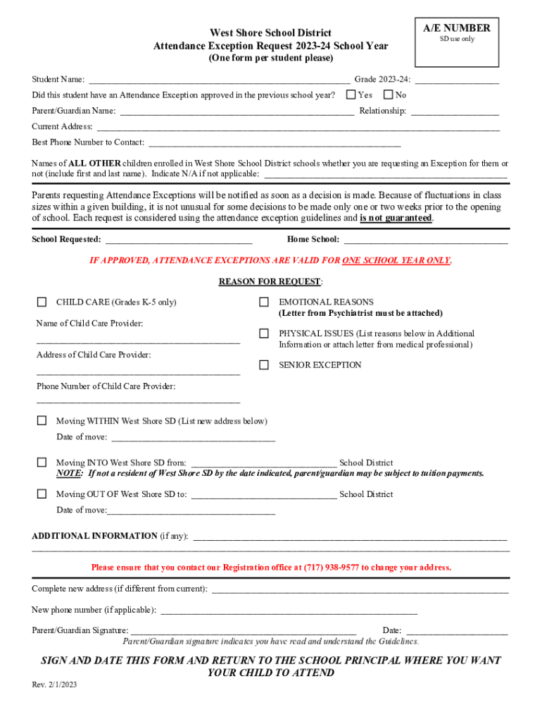 Fillable Online Attendance Exception 23 24 - West Shore School District Fax Email Print - pdfFiller