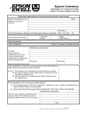 Fillable Online Application for Interment Order and/or Exclusive Right ...