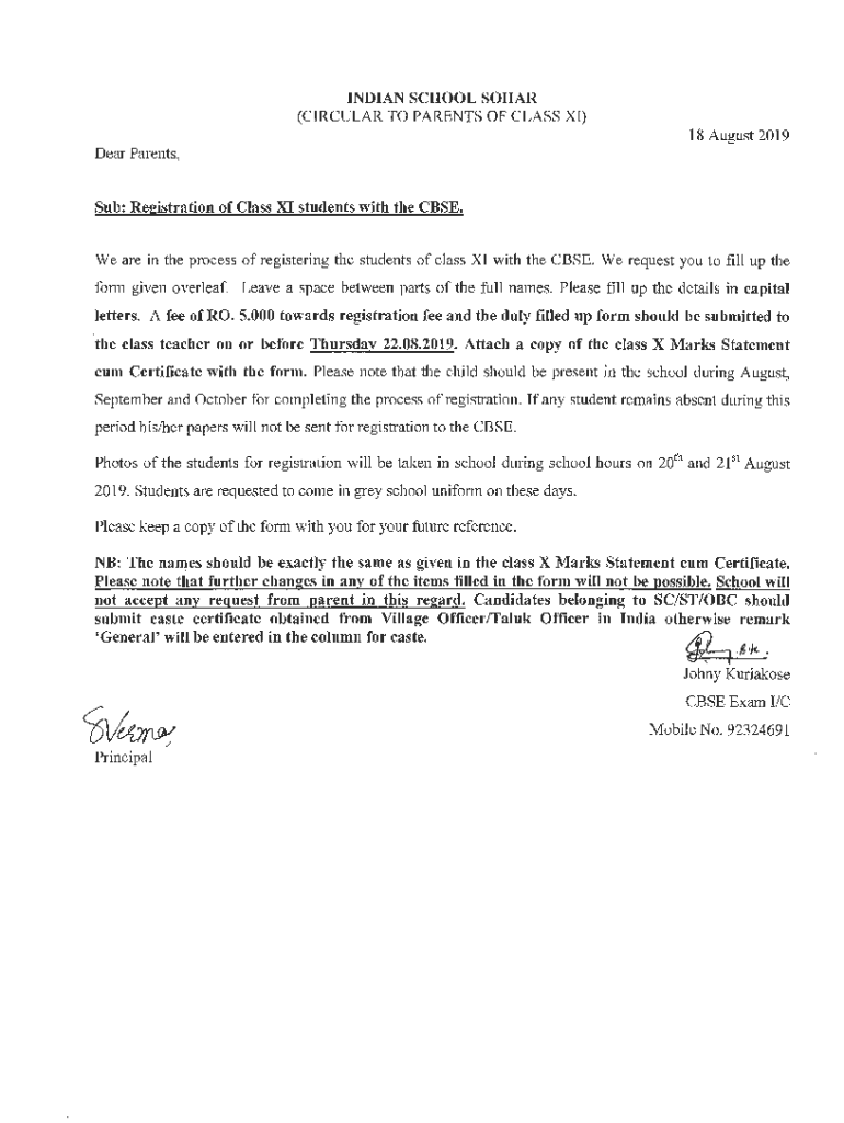 Fillable Online Registration of Class XI students with the CBSE. 18 Aug ...