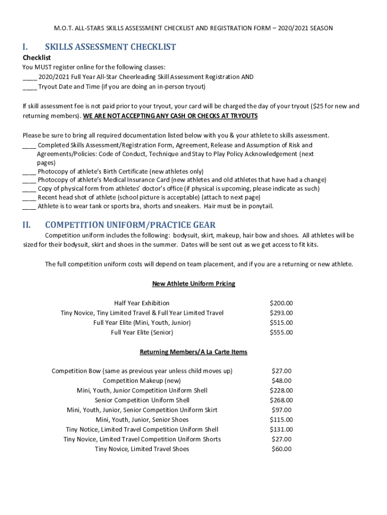 Fillable Online I. SKILLS ASSESSMENT CHECKLIST - MOT All-Stars Fax ...