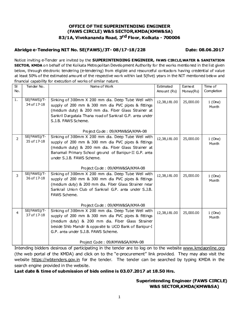 Fillable Online 1 OFFICE OF THE SUPERINTENDING ENGINEER (FAWS ... Fax ...
