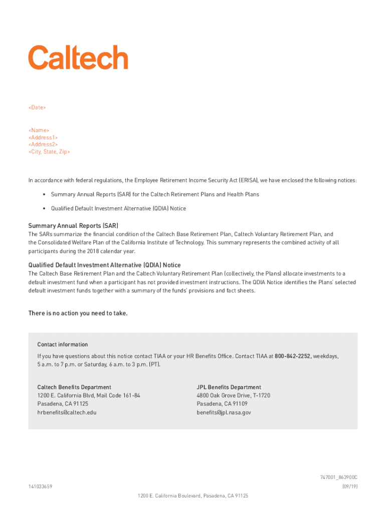 Fillable Online hr caltech Summary Annual Reports (SAR) Qualified Default Investment ... Fax ...