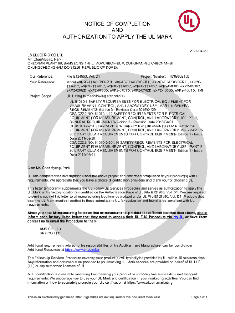 Fillable Online notice of completion and authorization to apply the ul ...