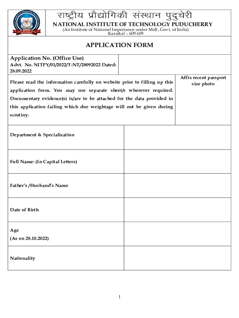 Fillable Online nitpy ac APPLICATION FORM - NIT Puducherry Fax Email ...