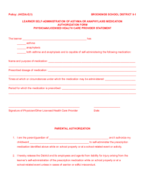 Fillable Online JHCDA-E(1) - Learner Self-Administration of Asthma or ...