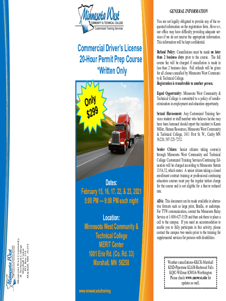 Fillable Online Commercial Driver's License 20-Hour Permit Prep Course *Written ... Fax Email ...
